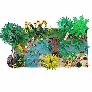 Feleph Jungle Toy Building Set MOC Garden Playset with 2 Baseplates Forest Wildlife Bridge Plants Trees Flowers Animals Cow Wetland Park Kit Block Accessories Compatible with Major Brand