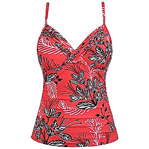 coastal rose Womens Swim Top Ruched Tummy Control Tankini Top Front Cross V Neck Bathing Suit Tops Only US14 Red Floral