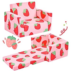IFNOW Toddler Couch, Kids Chair Couch, 2-in-1 Kids Couch Fold Out, Convertible Kids Sofa to Lounger for Girls and Boys Chair for Toddlers Kids Chairs Toddler Baby Couch Kids Gifts (Strawberry, Medium)