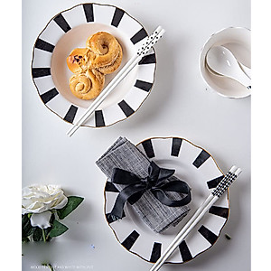 5 Pair Chinese Style Porcelain Chopsticks, 24cm /9.5inch Reusable Modern Hepburn Ceramic Chopsticks with Delicate Box, Ringer / Dot/ Stripe/ Wave/ Mark Chop Stick (Chopstick)