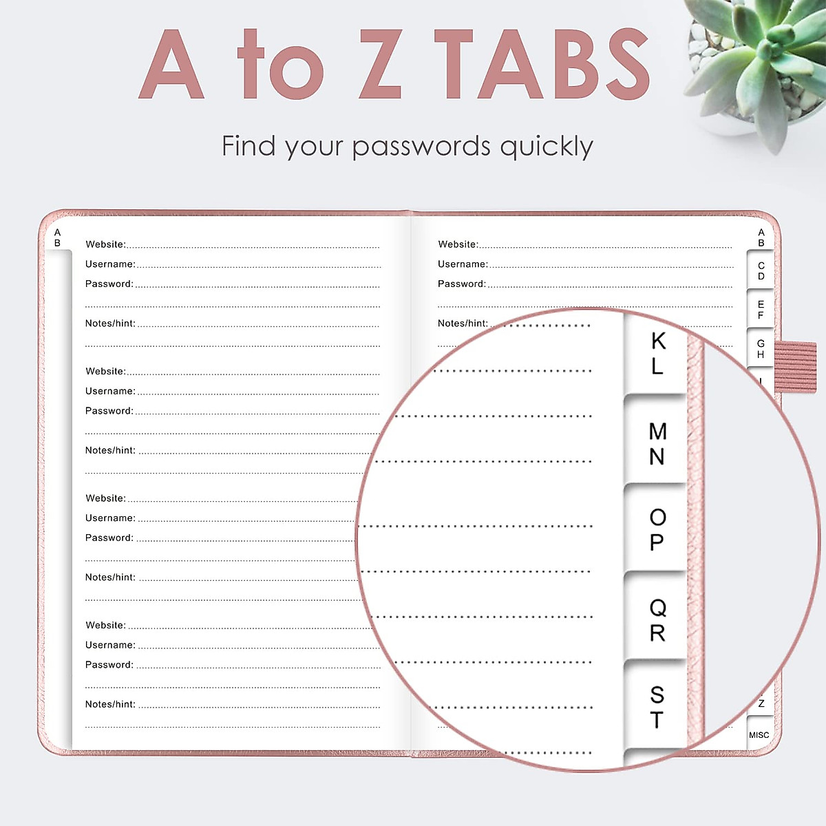 Elegant Password Book with Alphabetical Tabs - Hardcover Password Book for Internet Website Address Login - 5.2" x 7.6" Password Keeper and Organizer w/Notes Section & Back Pocket (Rose Gold)