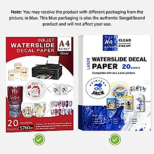 Waterslide Paper-20 sheet Inkjet Water Slide Paper,A4 Size clear waterslide paper for DIY Decals Gift Crafts Ceramics Candles and Custom Tumblers, waterslide decal paper (The packaging may be blue)