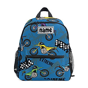 Glaphy Custom Kid's Name Backpack, Motorcycles Sports Pattern Toddler Backpack for Daycare Travel Personalized Name Preschool Bookbag for Boys Girls