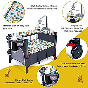 Baby 5-in-1 Pack and Play with Bassinet, Bassinet Bedside Sleeper 5 Functions, Baby Crib with Mattress, Diaper Changer, Playard and Music Box, Bedside Crib for Newborn to Toddles