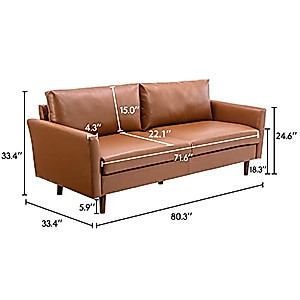 Dreamsir 80'' Faux Leather Sofa Couch, Mid-Century Modern Sofa with Solid Wooden Frame & Padded Cushions, 3-Seater Couch for Living Room, Apartment, Lounge Room (Brown)