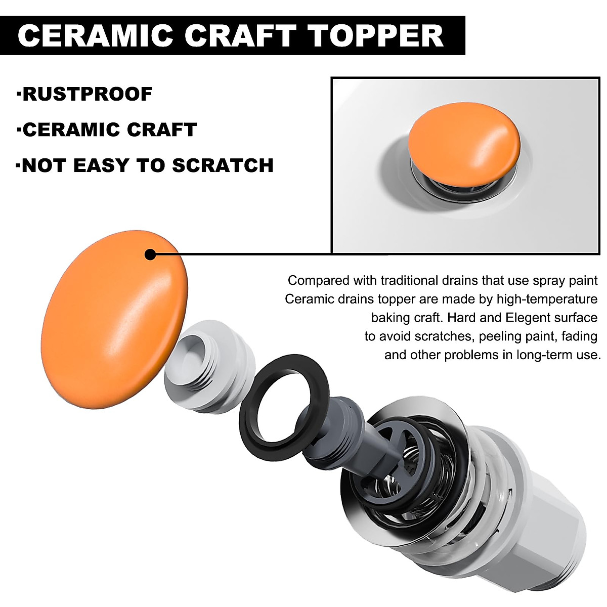 Mixbatt Bathroom Sink Drain Kits with Ceramics Stopper Pop Up Sink Drain Rustproof Vessel Sink with Anti Odor Anti Clogging Scratch Resistant Drain System Colorful Design