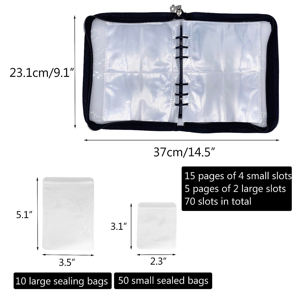 MIAO JIN Transparent Binder Jewelry Storage Book Travel Jewelry Organizer Zipper Bag Portable Pocket Folding For Necklace Earring Ring Postcard Bracelets Brooches (Black70 Grids+60 PVC Bags)