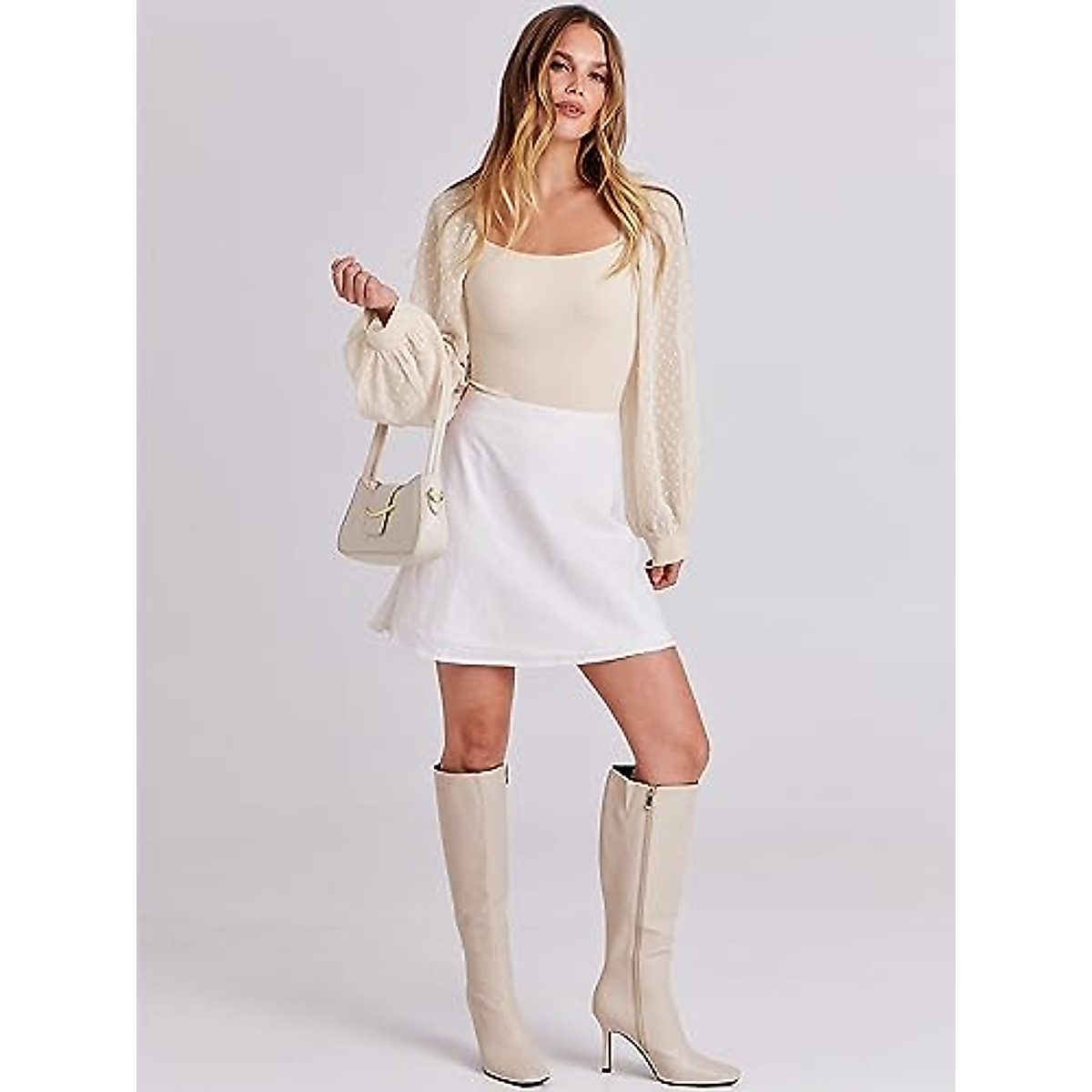 ANRABESS Rompers for Women Sheer Swiss Dot Puff Sleeve Square Neck Bodysuit Fall Casual Long Sleeve Dressy Leotard Top 1071xingse-L