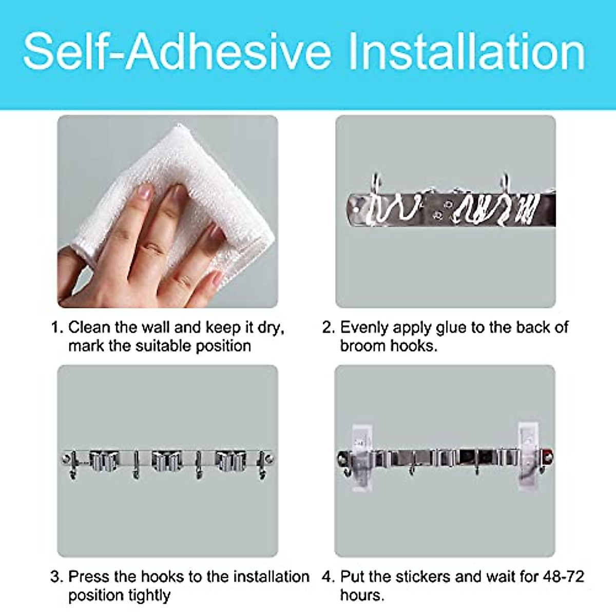 2 Pack Mop and Broom Holder, Broom Holder Wall Mount, Broom Organizer Wall Mount, Stainless Steel Broom Holder with 3 Racks and 4 Hooks, Mop Holder for Home Kitchen Office Garden Garage