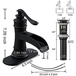 Black Bathroom Faucet Matte Waterfall Sink Farmhouse Vanity Single Hole Faucets One Handle Basin Antique centerset with Pop Up Drain Stopper Mixer Tap Overflow Supply Line Lead-Free by Homevacious