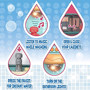 Toy Chef Kids' Wash Up Sink Pretend Playset, Bathroom Vanity Mirror with Sink and Running Water and Light, Realistic Playset with Toy Bathroom Toiletry Accessories, Light Up Toy with Sound