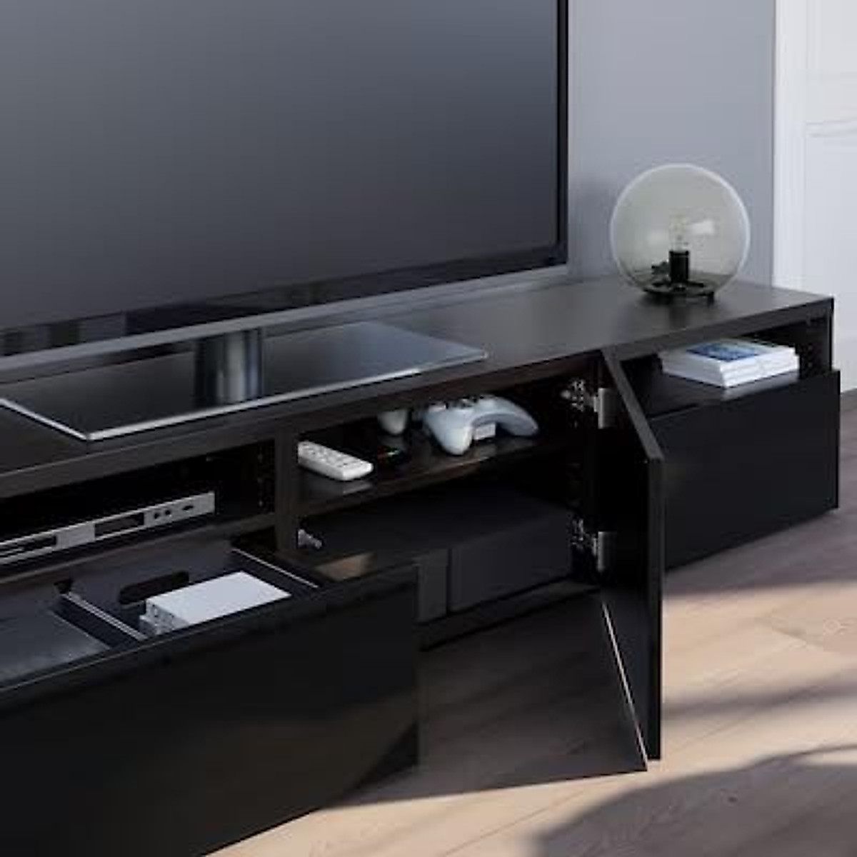 TV Unit with Drawers and Door,Black-Brown/Selsviken high-Gloss/Black, 70 7/8x16 1/2x15 3/8 "