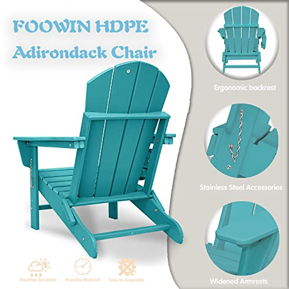 FOOWIN Adirondack Chair, Lounge Chair w/4 in 1 Cup Holder Trays, Folding Patio Chairs Weather Resistant, Fire Pit Chair for Deck, Garden, Backyard & Lawn Furniture