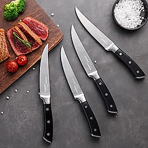 OAKSWARE Steak Knives Set of 8 with Block, 5 inch Non Serrated Steak Knife Set, 8 Pieces Professional Straight Edge Kitchen Table Dinner Knives - Forged German Steel - Full Tang Handle