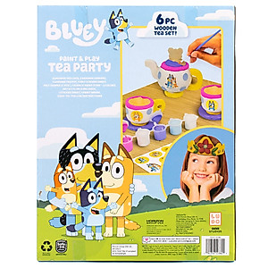 Bluey Paint & Play Tea Party, 6-Piece Wooden Tea Set, Customize with Paint & Bluey Stickers, 2 Wearable Crowns, Fun Toys for Kids, Cute Birthday Party Decorations, Pretend Play Tea Party, Bluey Toys