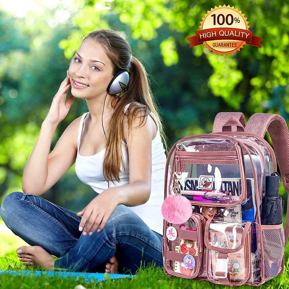Clear Backpack for Girls Women, Heavy Duty PVC Transparent BookBag, Cute See Through School Bags for Teens Elementary - Pink