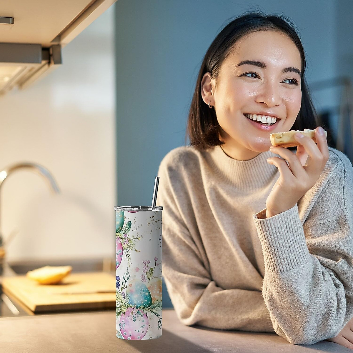 Tumbler with Lid and Straw Easter Egg Thermos Coffee Travel Mug Cute Cups 20 oz Insulated Tumbler for Daily Holiday Decor Gift Coffee Cup