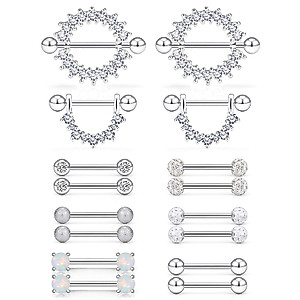 Yaalozei 16g Nipple Rings Piercing Jewelry Stainless Surgical Steel Silver Nipple Nipplerings Rings Bar Barbell Piercing Body Jewelry Rings for Women Girls Shiny CZ Round Shape