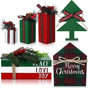 Kigley 6 Pcs Christmas Wooden Table Decorative Xmas Tiered Tray Decor Wooden Block Firework Book Sign for Xmas Home Farmhouse Table Decor(Classic)