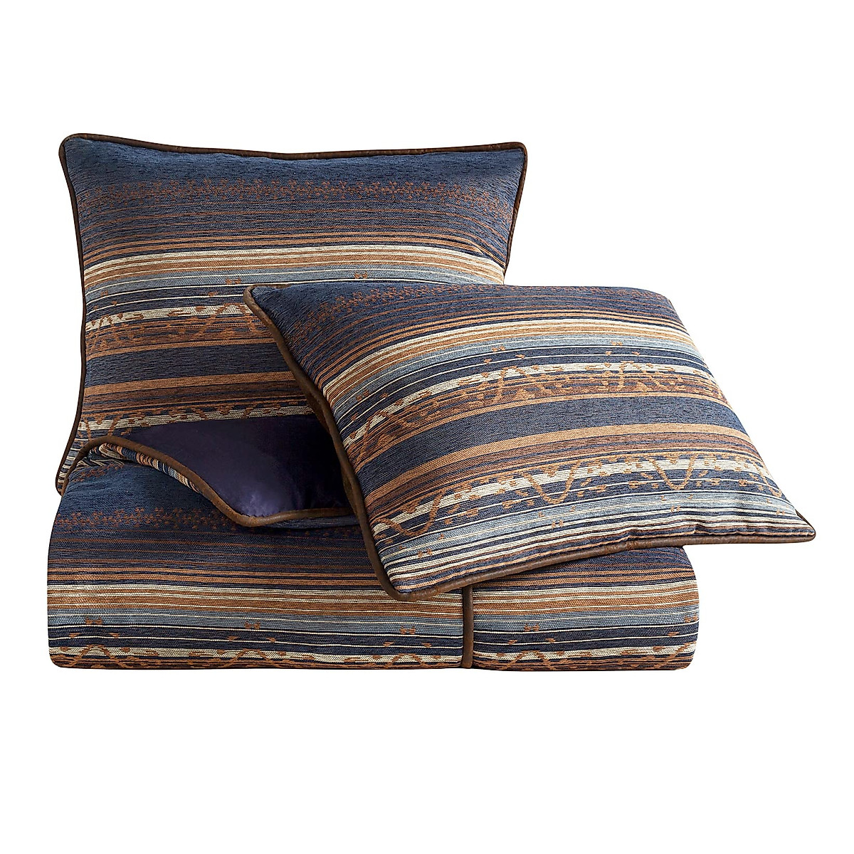 Paseo Road by HiEnd Accents Estes Western Bedding 3 Piece Super King Duvet Cover Set, Blue Striped Rustic Cabin Bed Set, Faux Leather Details, Chenille Jacquard Comforter Cover and 2 Pillow Shams