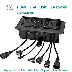 Outlet Embedded, Conference Room Desktop Information Box, Pop up Outlet Desktop Connection Box with 2 Independent Power, USB, RJ45, VGA, HDMI, 3.5 mm Audio for Office (Black)