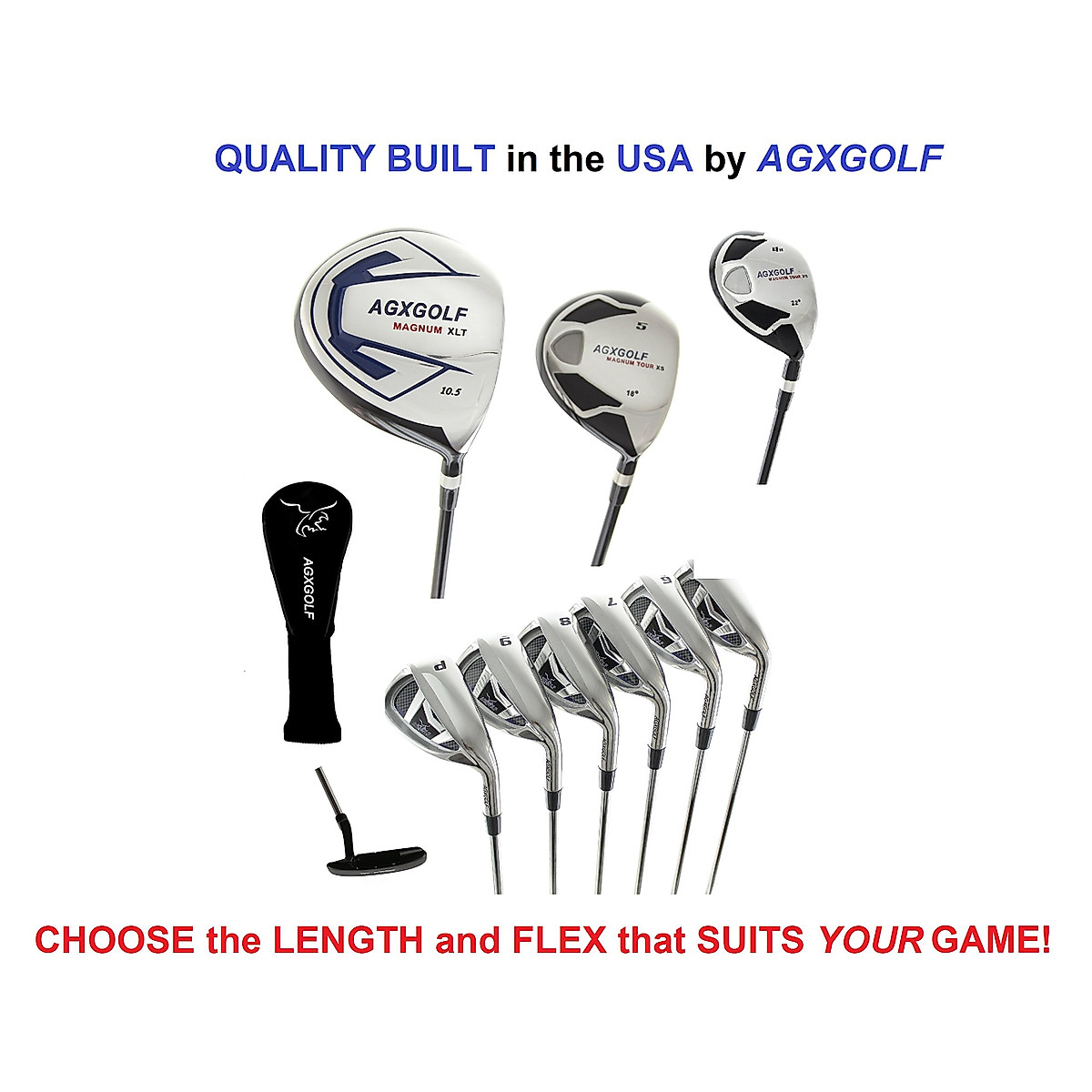 AGXGOLF Men's Regular Length XS Wide Sole Edition Complete Golf Set w/460 Driver +5 Wood + 4 Hybrid + 5-9 Irons + Pitching Wedge + Sand Wedge: Senior Flex, Right Hand: USA Built!