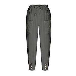 Acesulu Summer Linen High Waist Yoga Pants Drawstring Wide Leg Cropped Pants Trousers with Pockets for Women (0099-DarkGray-XL)