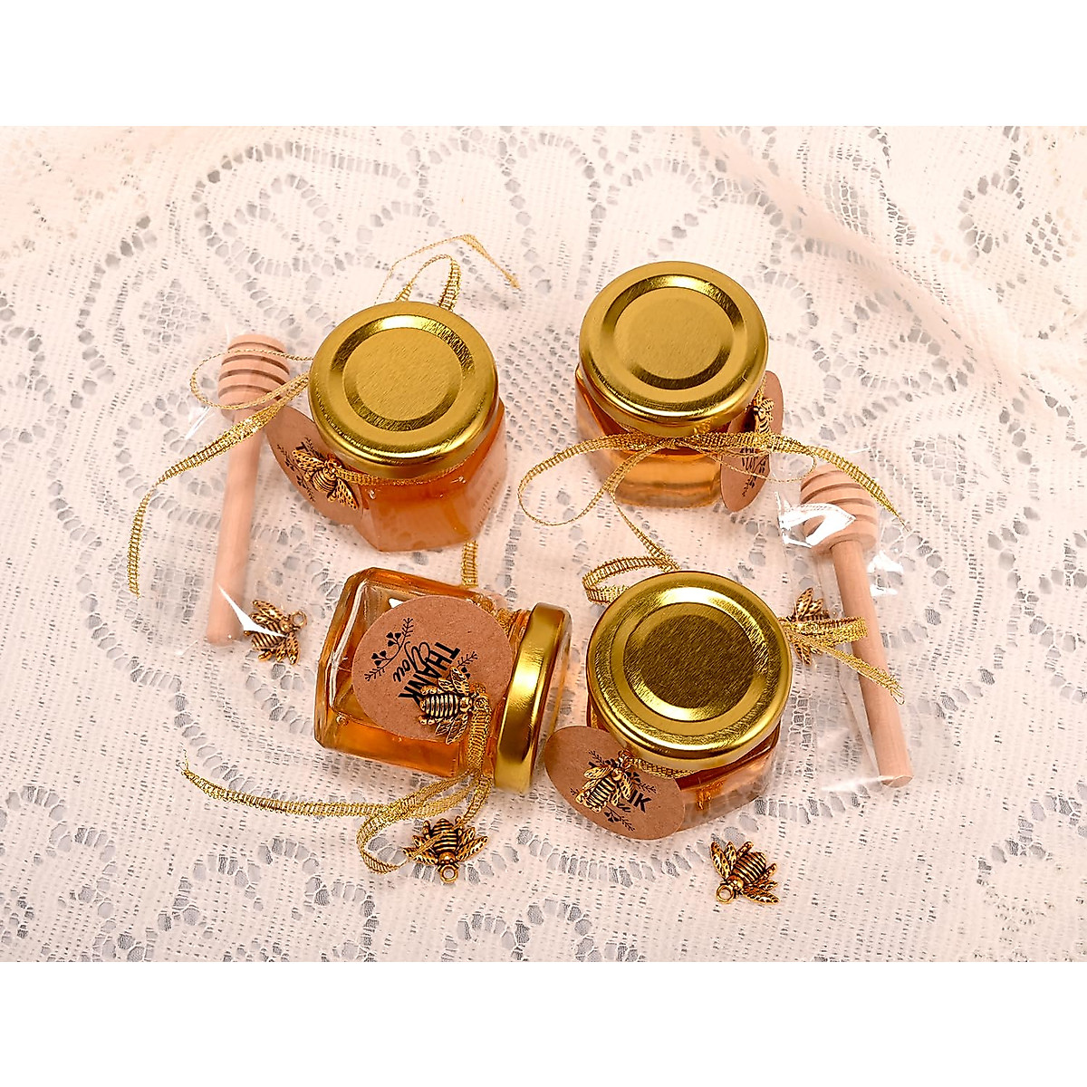 Ahhute 20 Pack Mini Glass Honey Jars with Dipper - Perfect for Baby Showers and Wedding Favors - Gold Lid, Bee Pendants, Ribbons - Includes Gift Bags