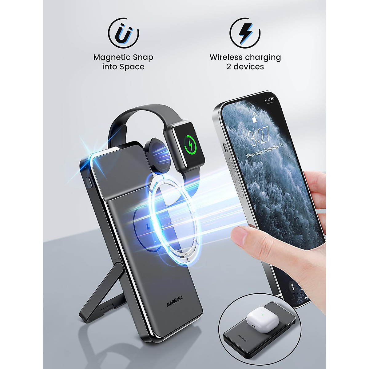 Marnana Magnetic Wireless Power Bank with Apple Watch Charger, 10000mAh Fast Charging Portable Charger Battery Pack w/Foldable Stand for MagSafe iPhone 12/13/14/15 Series & Apple Watch - Black