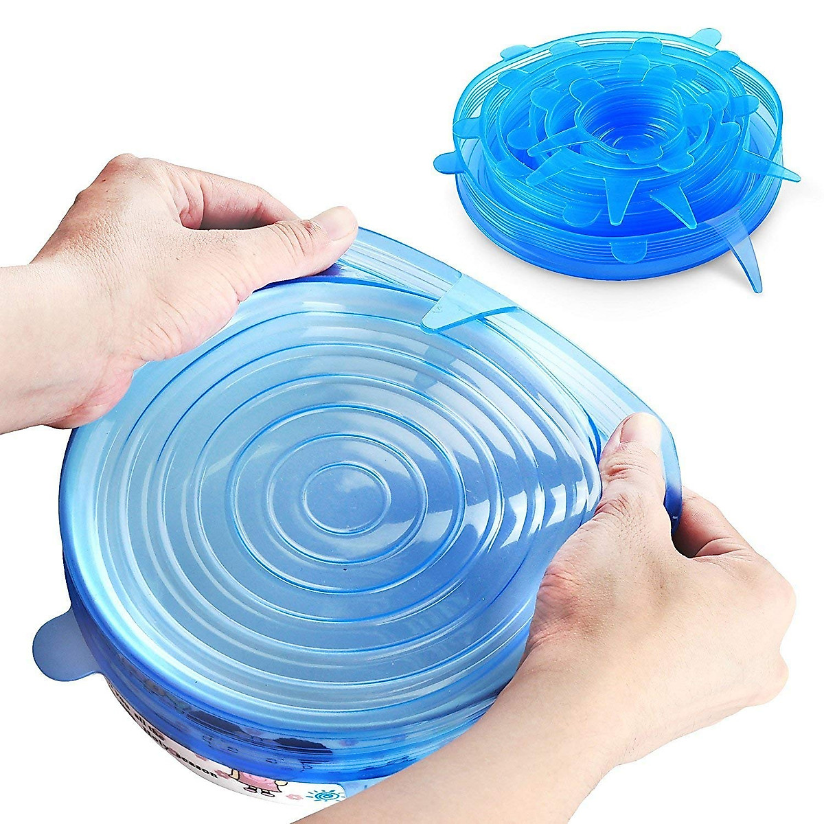 YAZJIWAN Silicone Stretch Lids, Durable & Eco-Friendly Elastic Lids Reusable Heat Resistant Various Sizes Cover for Bowl (Blue-6pack)