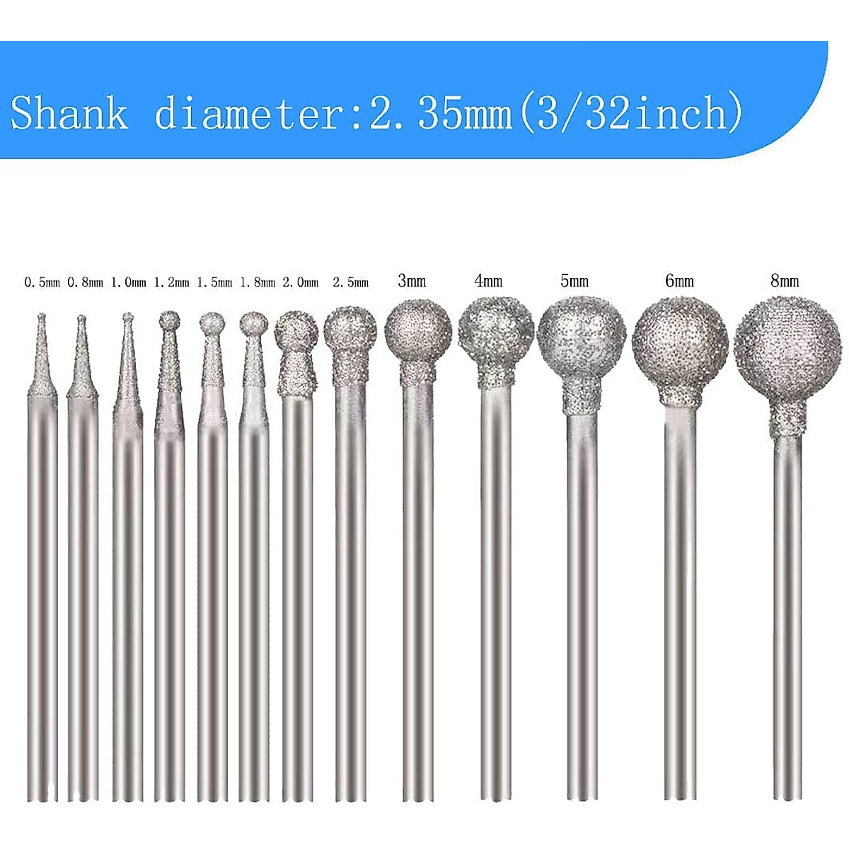 Luo ke 13 Pcs Ball Shape Diamond Burr - 3/32'' Shank Diamond Ball Burs Stone Carving Bits for Dremel Rotary Tool