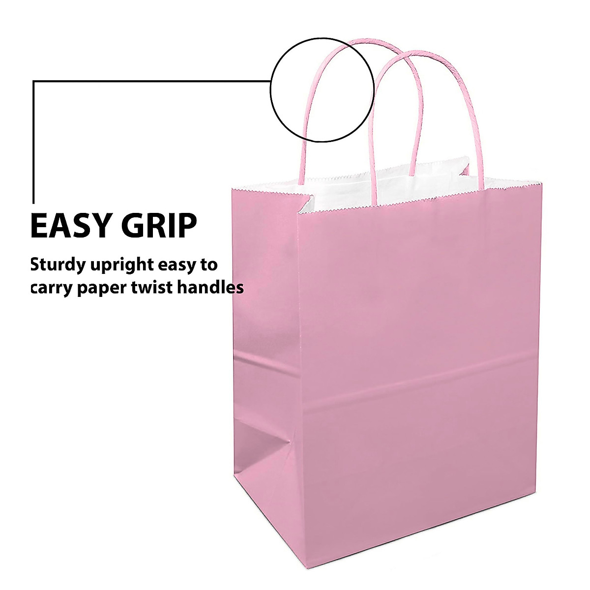 12 Counts Food Safe Premium Paper and Ink Medium 10" X 8", Vivid Colored Kraft Bag With Colored Sturdy Handle, Perfect For Goodie Favor DIY Bag, Environmentally Safe (Medium, Light Pink)