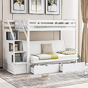 Merax Stairway Twin Over Full Bunk Bed with Staircase and Two Storage Drawers, Storage Bunk Bed with Convertible Down Bed can be Converted into Daybed, White