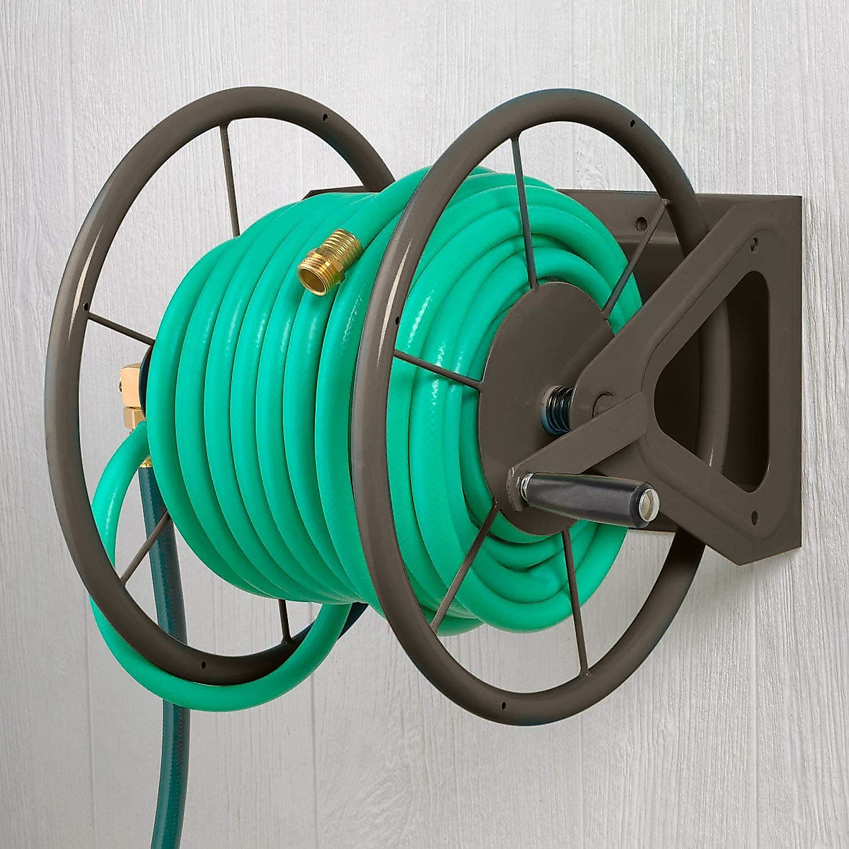 Liberty Garden Multi Purpose Steel Garden Hose Storage Reel for Backyard, Garden, or Home, with 5 Foot Leader Hose and Hose Connections, Bronze