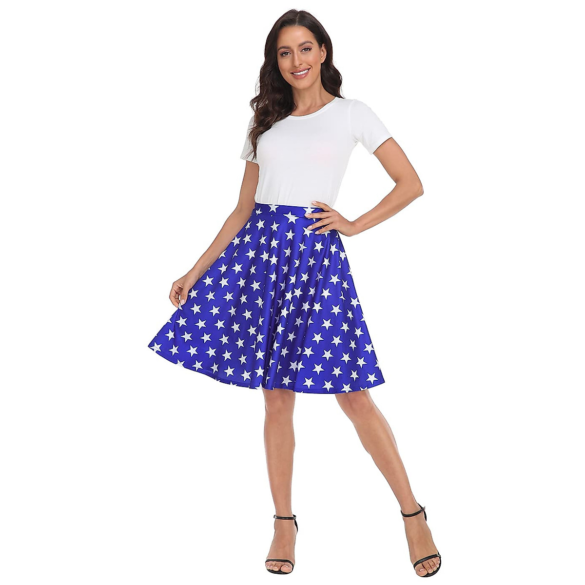 HDE Skirts for Women - Midi Skirt Skater Skirt Knee Length High Waist Fun Prints Blue & White Stars - XL