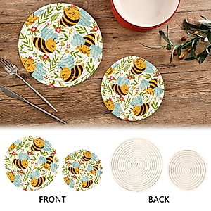 Summer Flowers Honey Bee Kitchen Trivet Mat 2Pcs Cartoon Bumble Bee Insects Pot Holders Cotton Woven Trivets Round Hot Pads Coasters for Cooking and Baking House Dinner