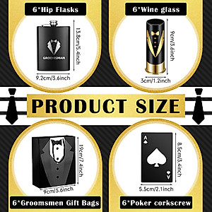 Set of 6 Groomsmen Gifts, 6 Pcs 8oz Stainless Steel Tuxedo Flask 6 Pcs Groomsmen Gauge Glasses with 6 Pcs Poker Bottle Cap Opener 6 Pcs 7.5 x 3.5 Inch Groomsmen Gift Bags for Wedding Bachelor Party