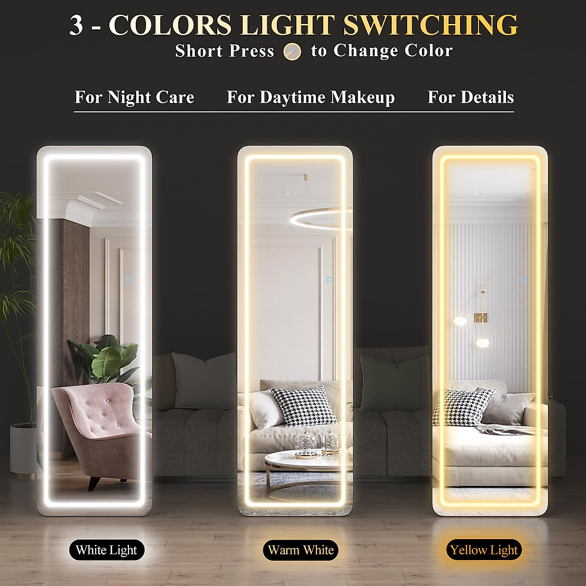 EDTEMI Full Length Mirror, 63"x20", LED Stand Up Body Mirror for Bedroom, Wall Mounted with Dimming & 3 Color Modes (White)