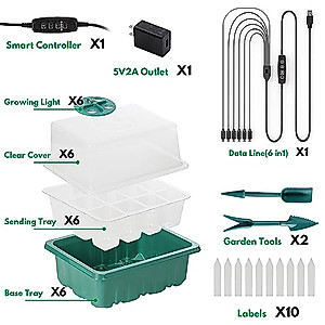 Kirumie Seed Starter Tray with Grow Light, 6Pcs Seed Starter Kit, Seedling Starter Trays with Humidity Domes, Plant Germination Trays with Timing Controller for Greenhouse(12 Cells per Tray)