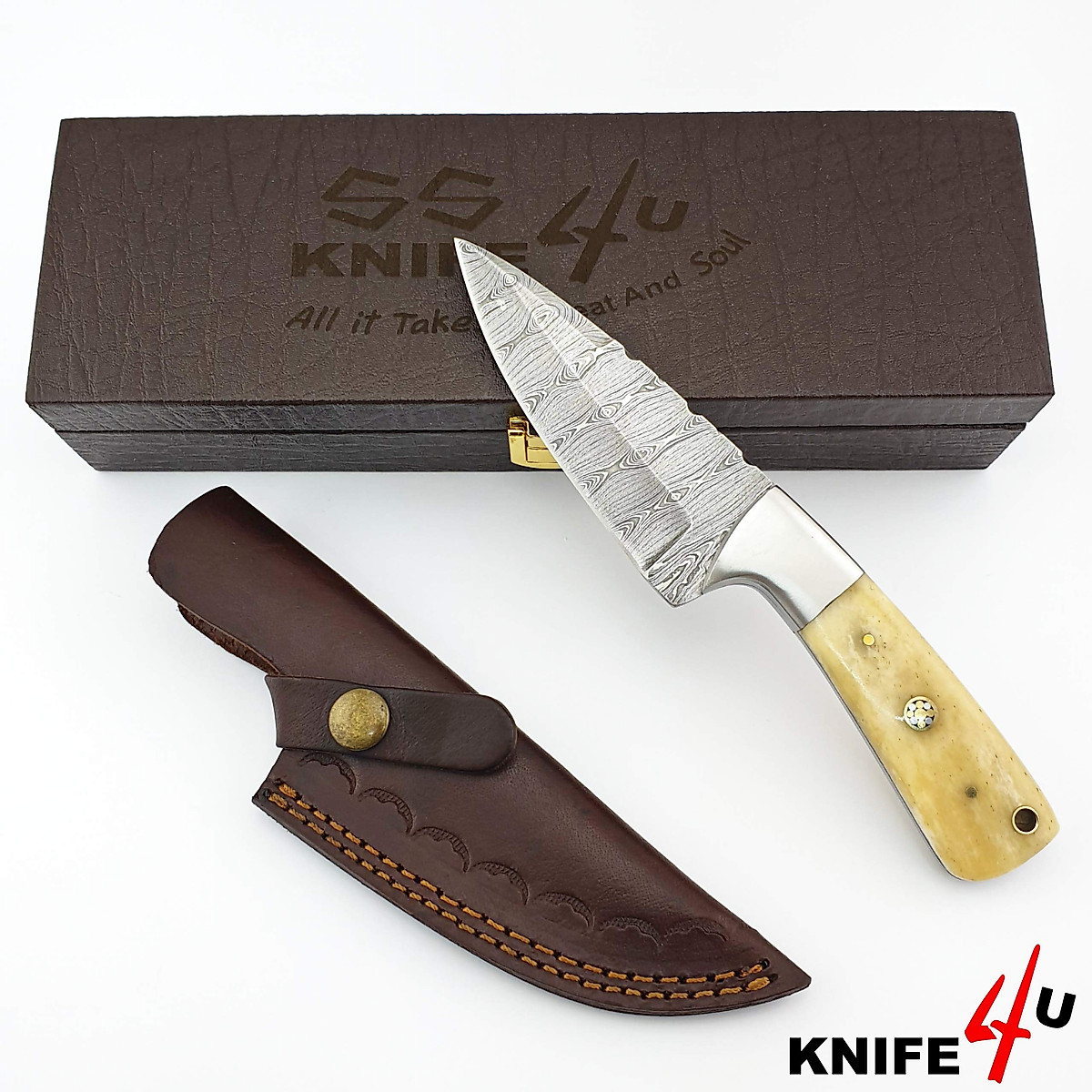 Knife4U Damascus Hunting Knife With Sheath|8"Best Camping,Hiking,Tactical,Survival Knife For Men|EDC Bushcraft Accessories Tool|Sharp Blade With Natural Handle And Knife Display Box (Camel Bone)
