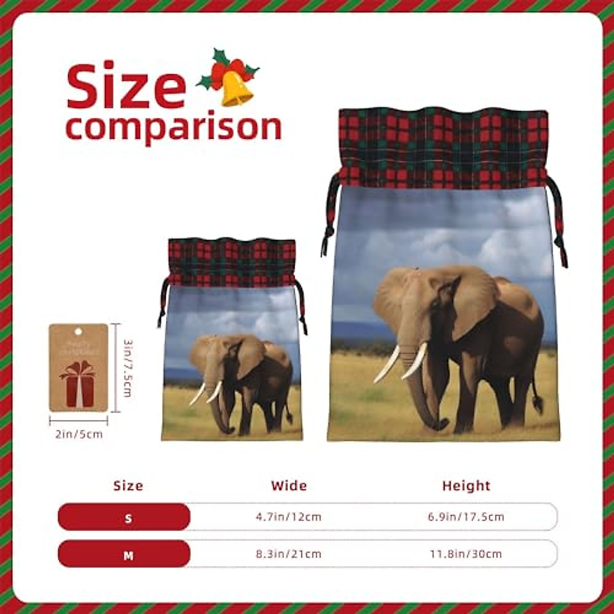 Christmas Gift Bags with Drawstring Burlap Gift Bags Africa Elephant Christmas Linen Bags for Xmas Party Candy Bags with Cards Xmas Reusable Wrapping Bags Christmas Linen Treat Bags for Holiday