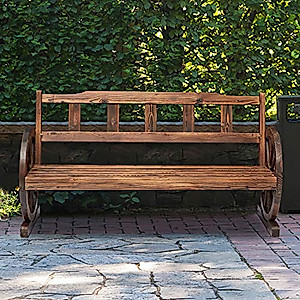 JSUN7 Outdoor Wooden Wheel Bench,56''L x 22.4" W x 29.6" H Wagon Bench Chair Rustic Slatted Seat Back for Backyard Patio Garden, 2-Person