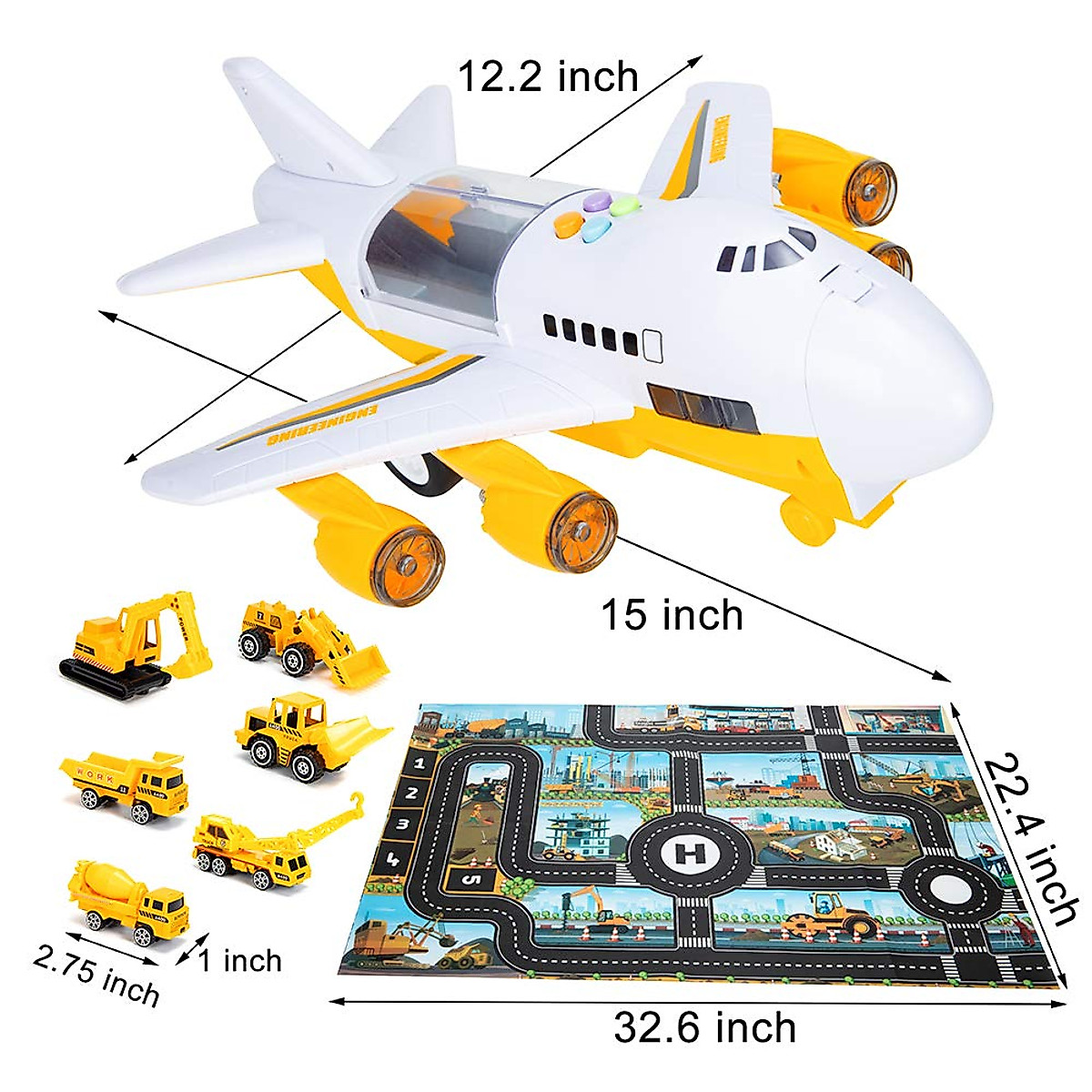 Car Toys Set with Transport Cargo Airplane and Large Play Mat, Educational Vehicle Construction Car Set for Kids Toddler Boys Child Gift for 3 4 5 6 Years Old, 6 Cars, Large Plane, 11 Road Signs
