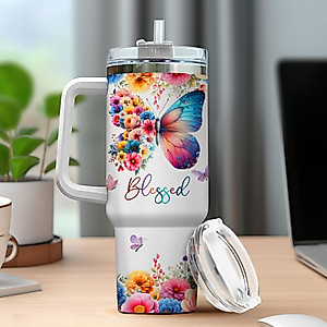 99WHALE Insulated Handle Steel Floral Yellow Stainless Quartz Coffee Hot Modern Rose Red Camelia, Christian Gifts, Tumbler 40 Oz With Handle Lid And Straw, Butterfly Blessed Faith