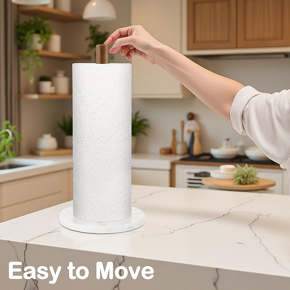 Buruis Wood Paper Towel Holder, Marble Base Modern Decorative Countertop Standing Rolls Holder for Kitchen, Toilet, Pantry and Bathroom (Marble Base White)