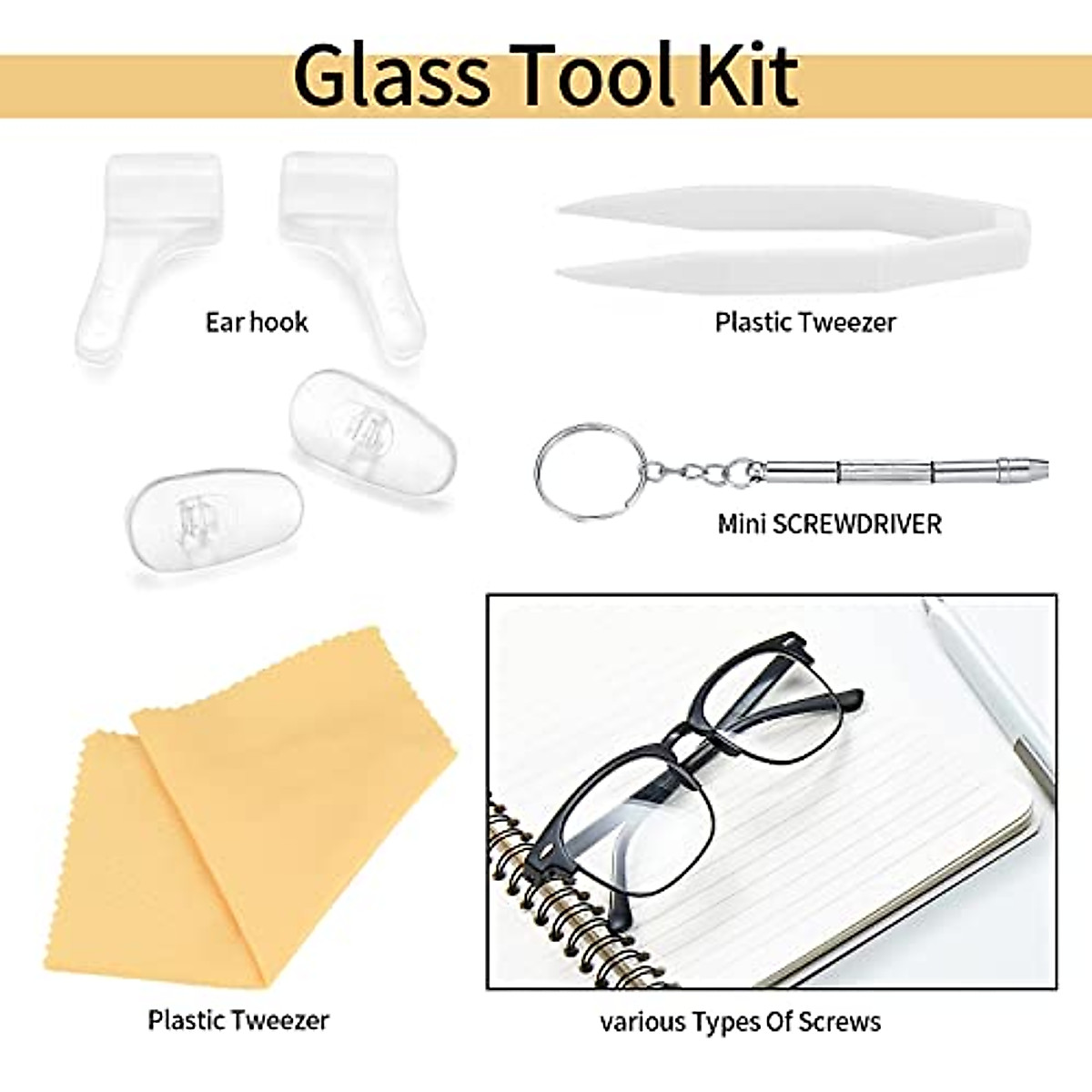 Eyeglasses Repair Kit, Sunglasses Repair Kit, Includes Glasses Screws and Screwdrivers, Glasses Nose Pads,Glasses Cloth, Tweezer, for Glasses, Sunglasses, Watch, Repair Kit - 500 Pcs