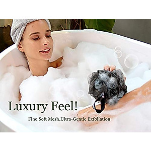 myHomeBody Large 70g Loofah Sponge, Bath Body Scrubber for Women, Men | Exfoliating Shower Pouf with Activated Charcoal - 2 Graphite Gray + 1 Sage Green, 3 Pack