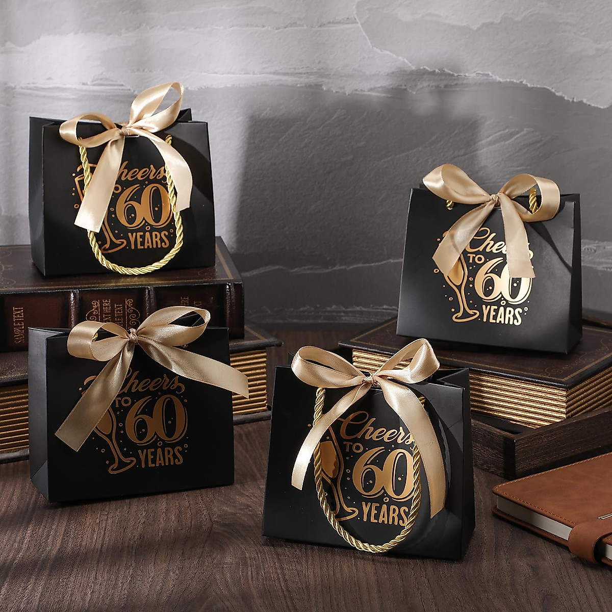 Clysee 25 Pcs Birthday Gift Bags with Handles Black and Gold Party Favor Bags Bulk for Birthday Wedding Anniversary Supplies Decorations, 5.51 x 2.36 x 4.72 Inches(Cheers to 60)