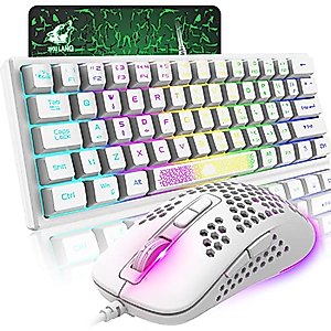 60% Gaming Keyboard and Mouse,Rainbow LED Backlit Gaming Keyboard with Wired Mini Portable Ergonomic 2400 DPI Ultralight Gaming Honeycomb Shell Mouse,Mouse Pad for Windows PC Gamers(White)