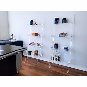 Acrylic Ladder Bookcase – Large Modern Clear Leaning Floating Wall Bookshelf - Standing Decor Display Unit for Open Shelving, Organizer, or Storage in the Living Room, Office, Bedroom, or Bathroom